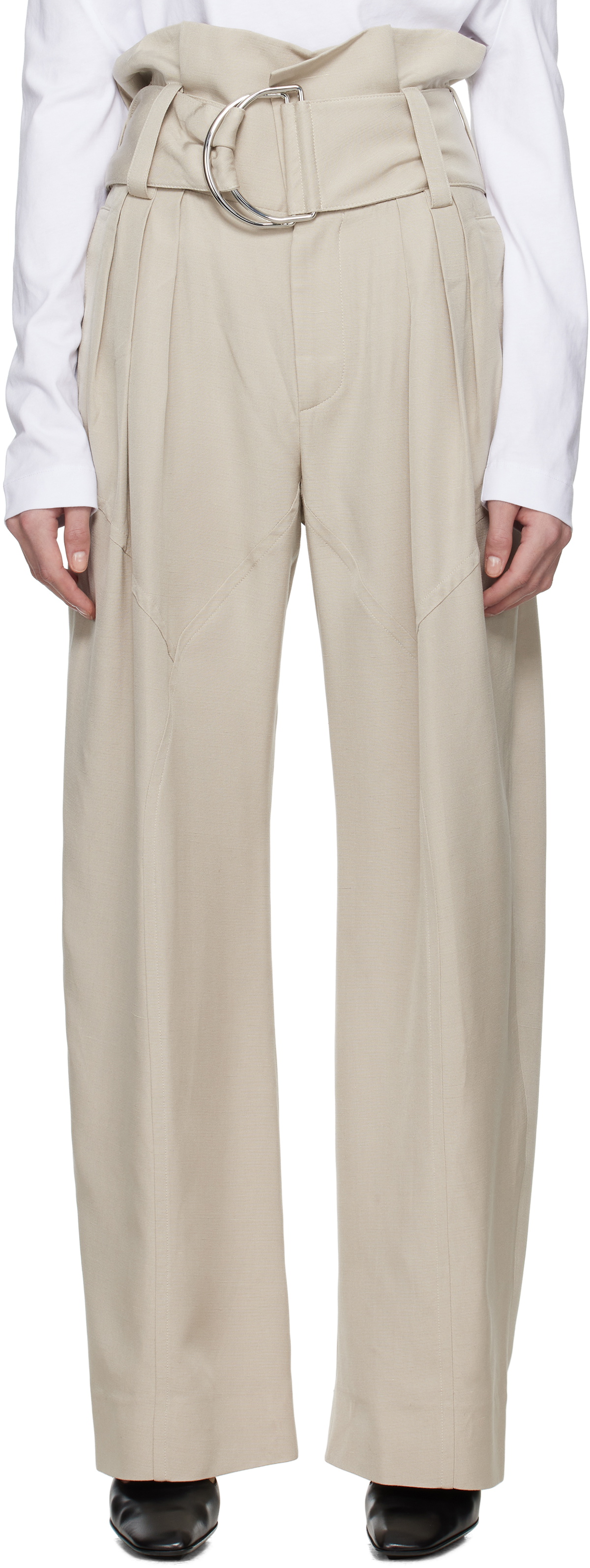 JW Anderson Taupe Gathered Waist D-Ring Trousers JW Anderson