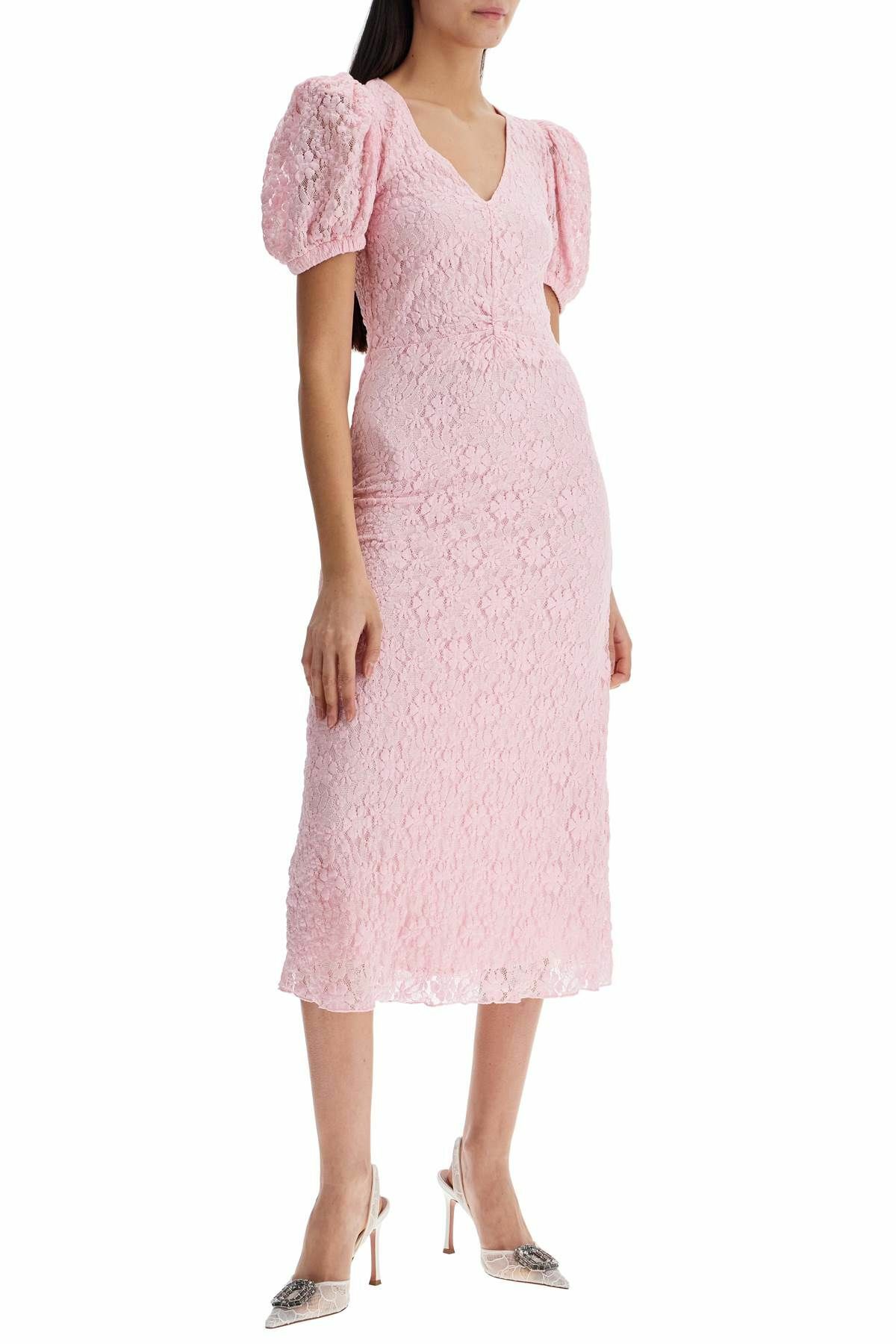 ROTATE pink lace midi dress with puff sleeves Pink Rotate