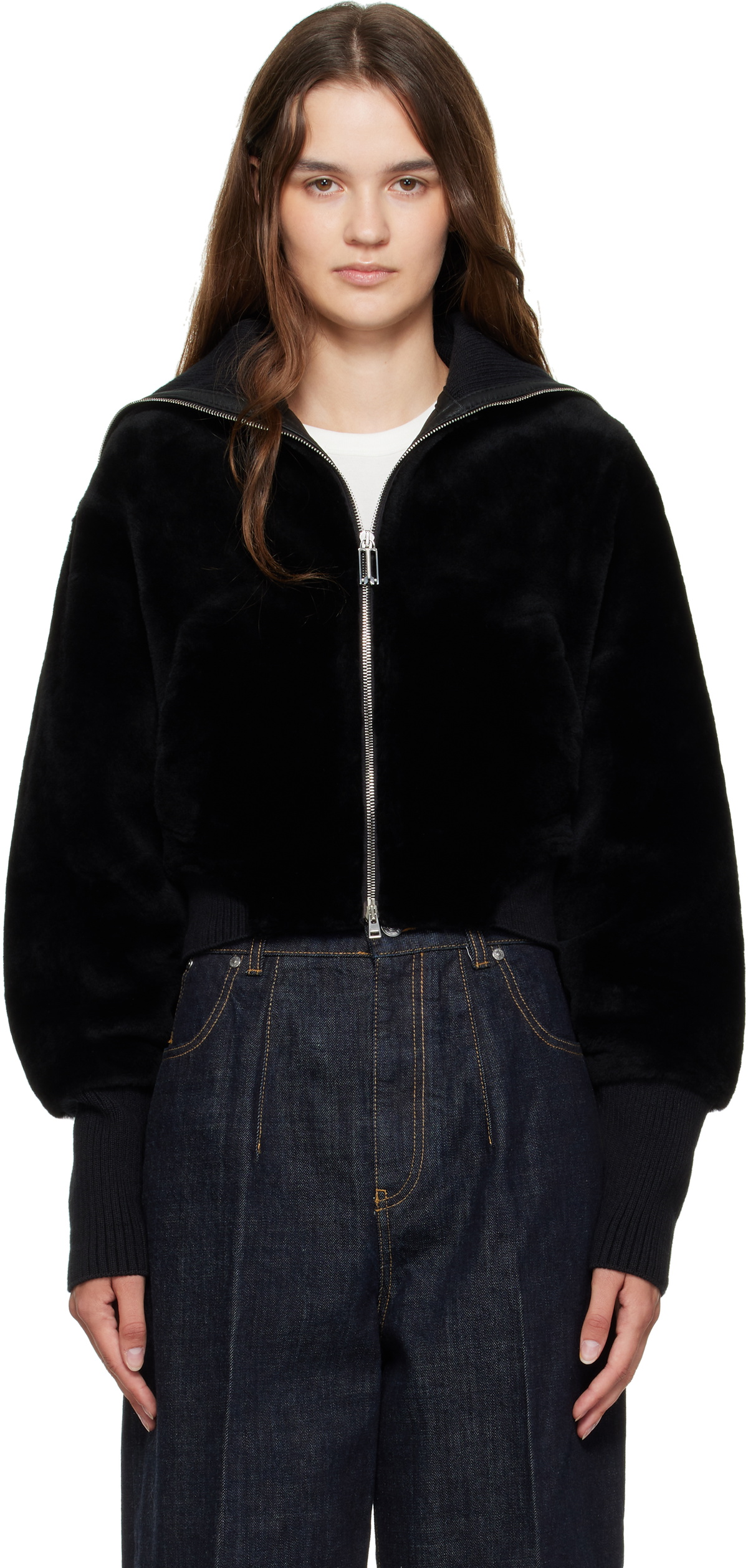 Victoria Beckham Black Zip Shearling Bomber Jacket Victoria Beckham