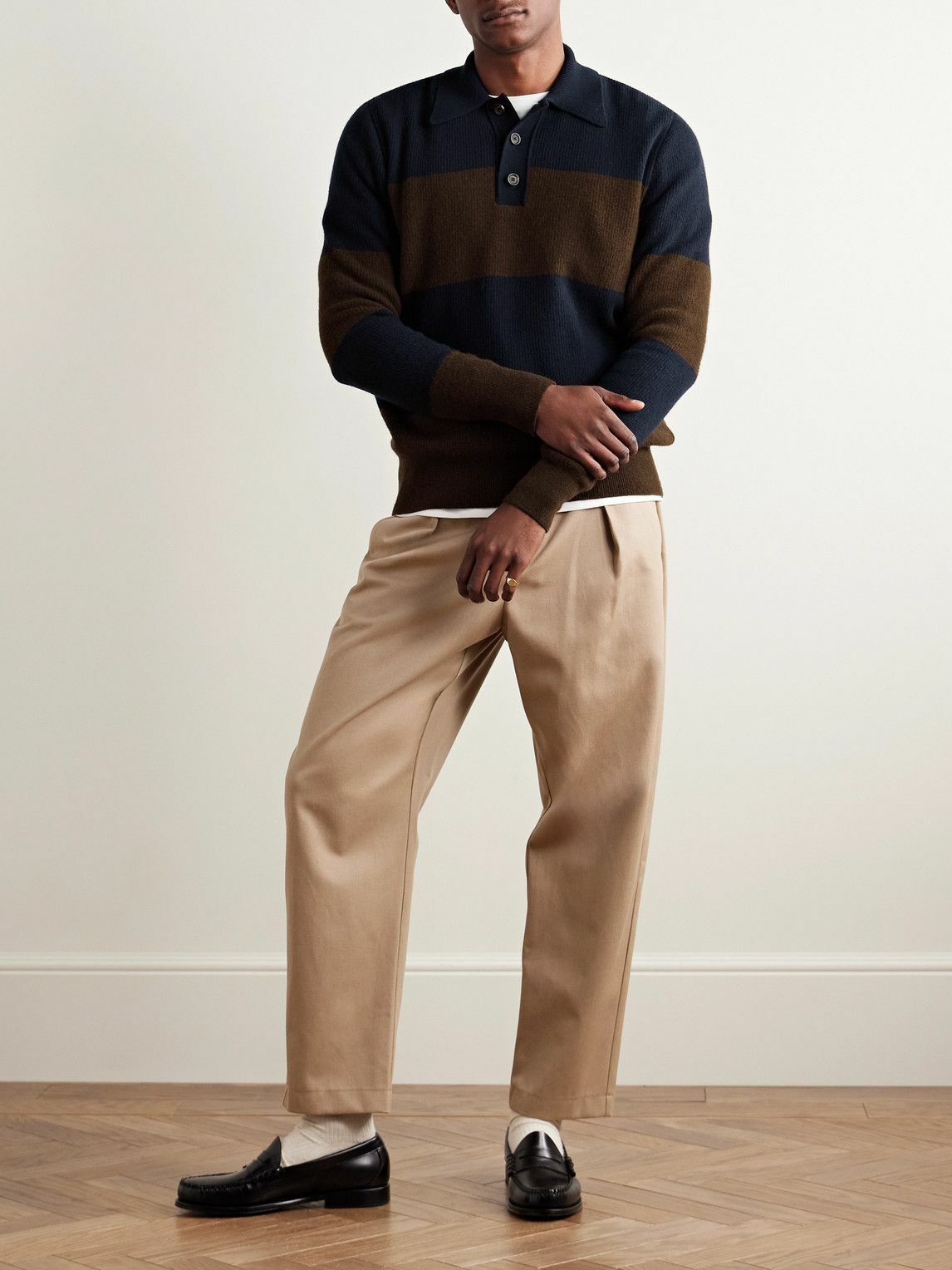 Oliver Spencer - Wren Striped Ribbed Wool Polo Shirt - Brown Oliver Spencer