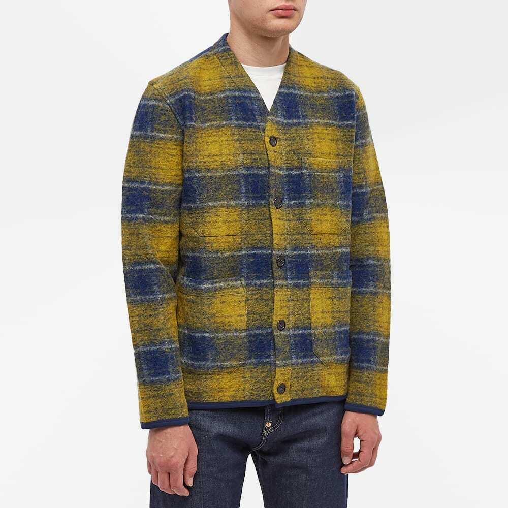 Universal Works Men's Check Wool Fleece Cardigan in Yellow/Blue ...
