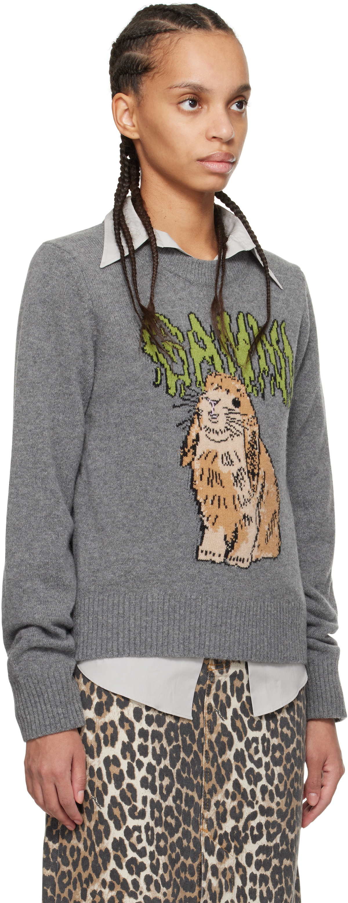 GANNI Gray Graphic Bunny Sweater GANNI