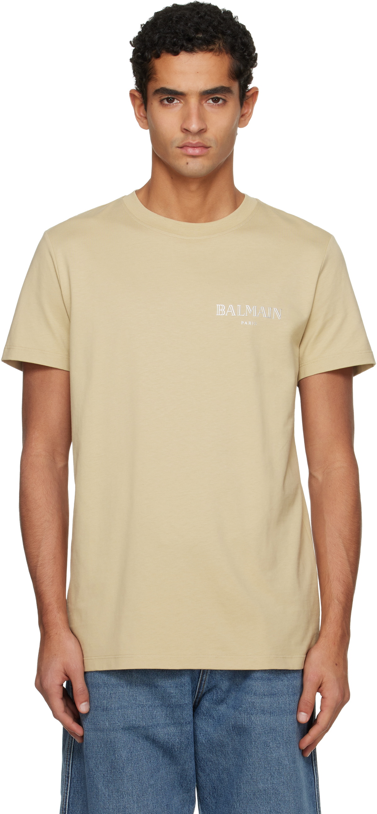 Balmain Beige Vintage Gel 'Balmain' Logo T-shirt Balmain