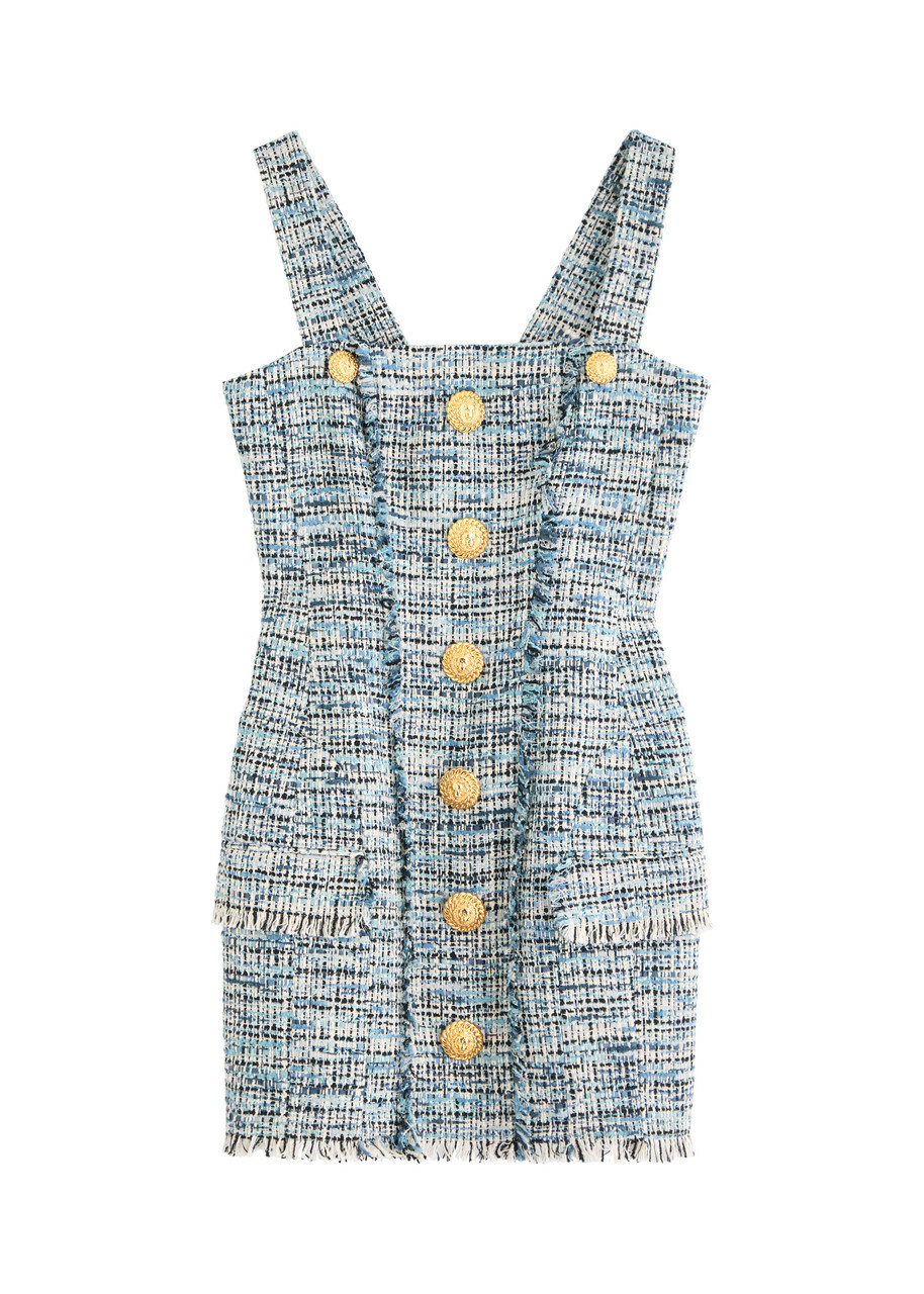 Balmain Frayed Bouclé Tweed Mini Dress Blue Balmain