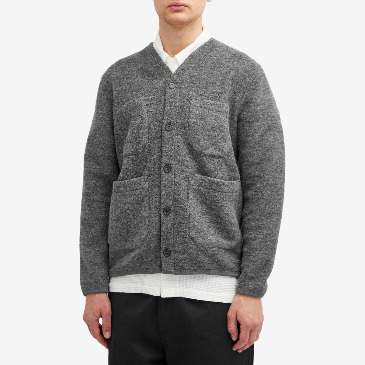 Universal Works Men's Wool Fleece Cardigan in Grey Marl Universal Works