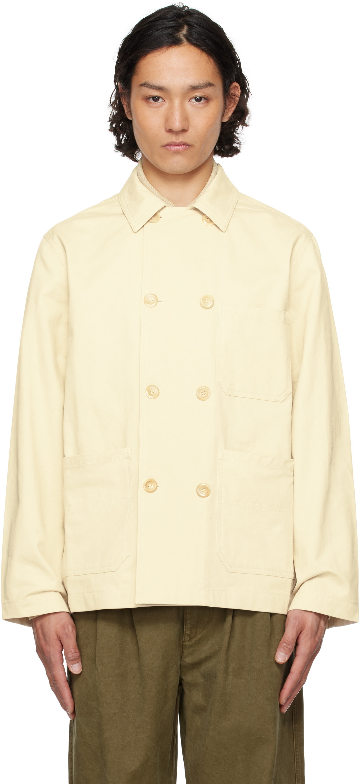 Drake's Off-White Double Breasted Chore Jacket Drake's
