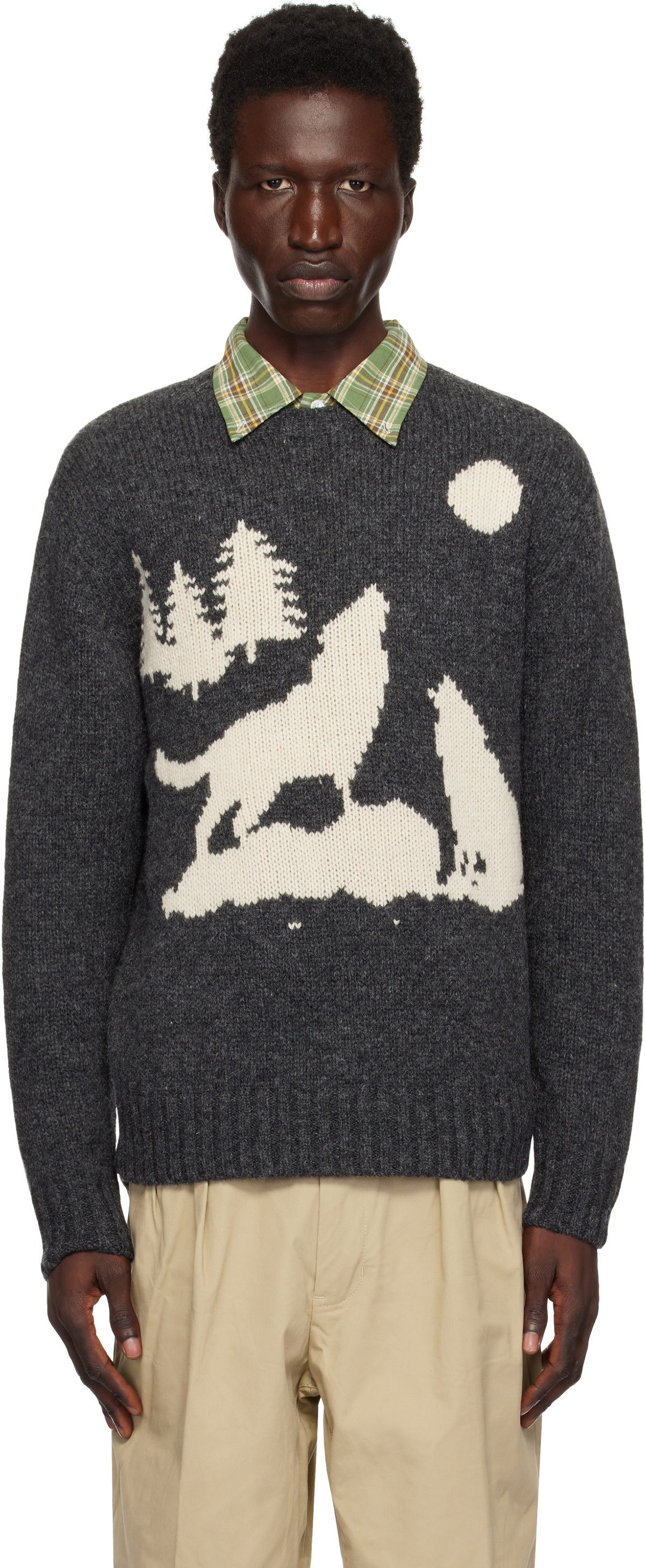 BEAMS PLUS Gray Crew Intarsia 3G Sweater Beams Plus