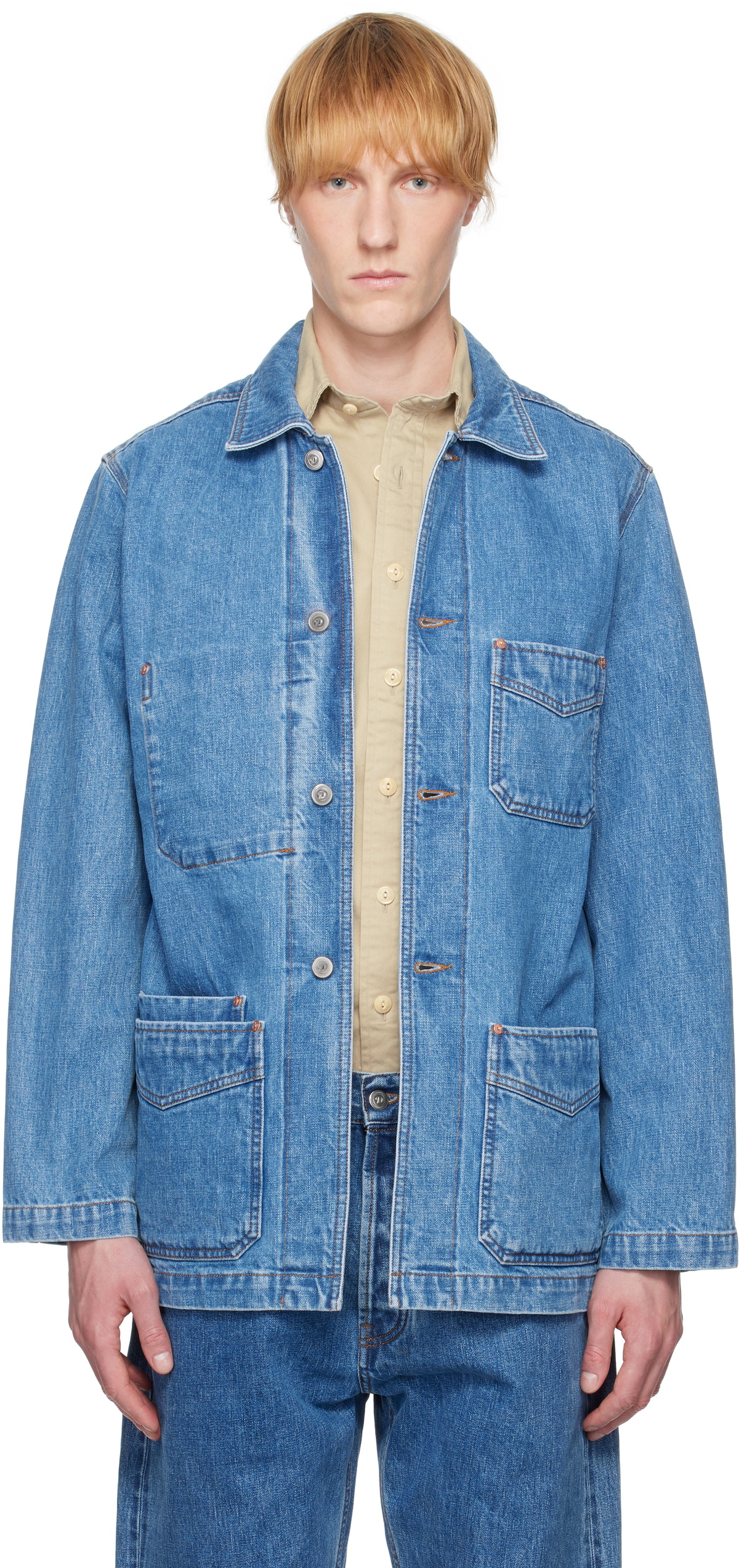 Drake's Blue Bleach Selvedge Denim Chore Jacket Drake's