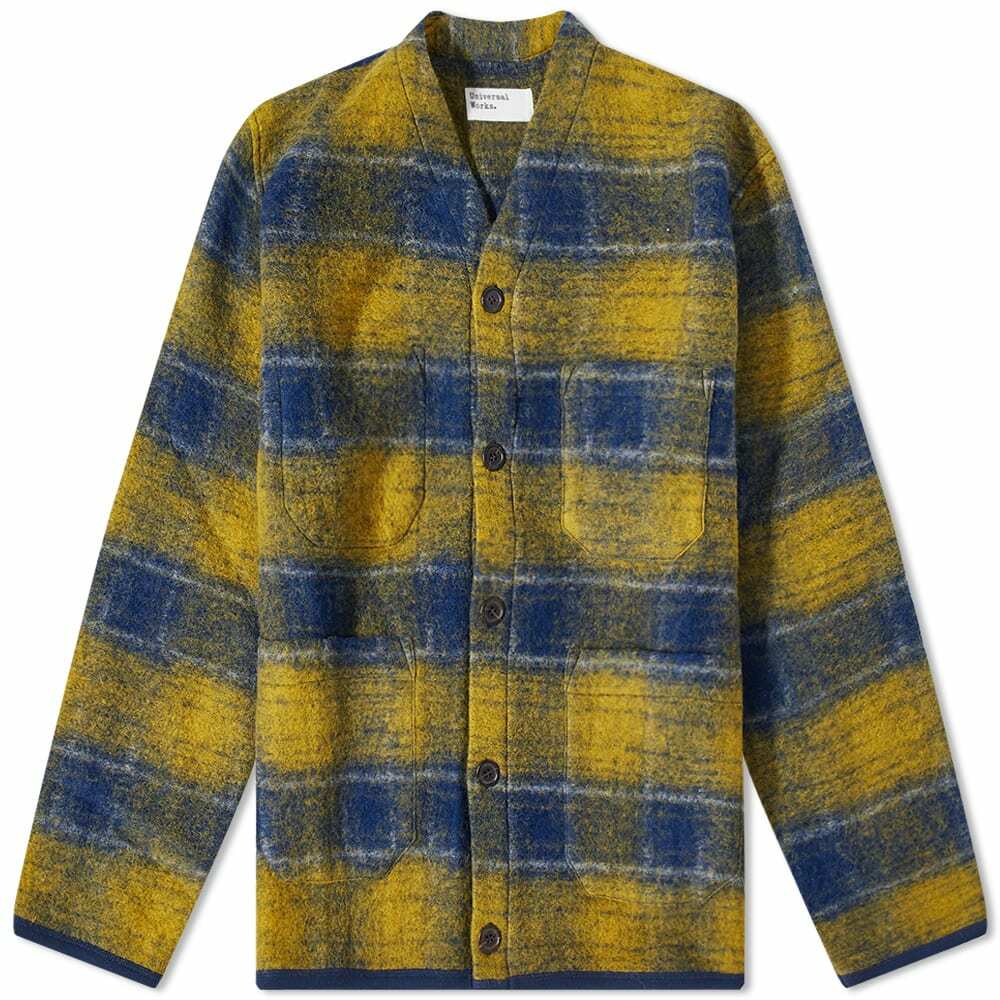 Universal Works Men's Check Wool Fleece Cardigan in Yellow/Blue ...