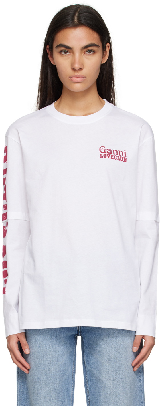 GANNI White Printed Long Sleeve T-Shirt GANNI GANNI White Printed Long Sleeve T-Shirt GANNI