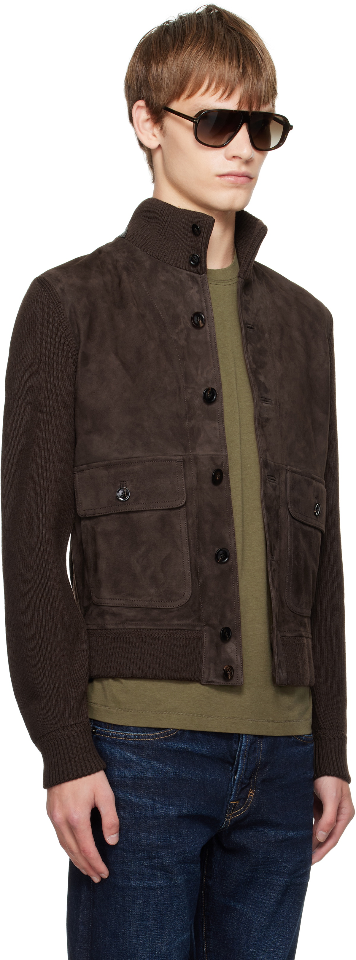 TOM FORD Brown Suede Front Merino Leather Jacket TOM FORD
