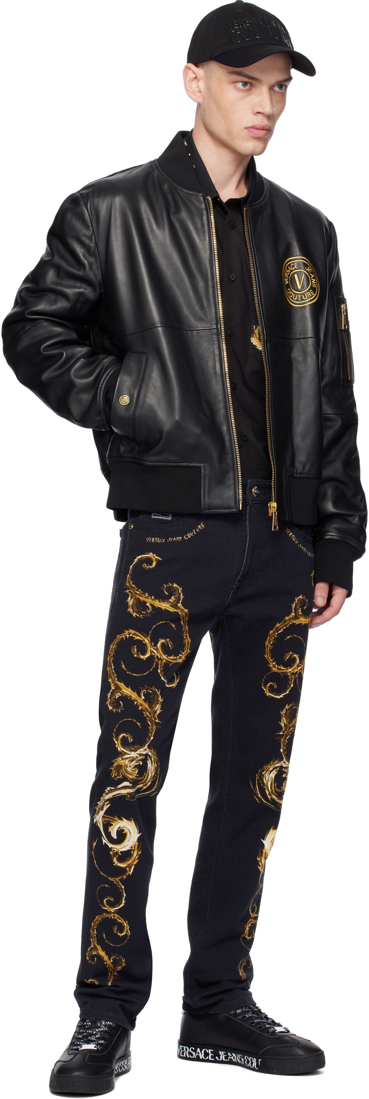 Versace Jeans Couture Black V Emblem Leather Jacket Versace