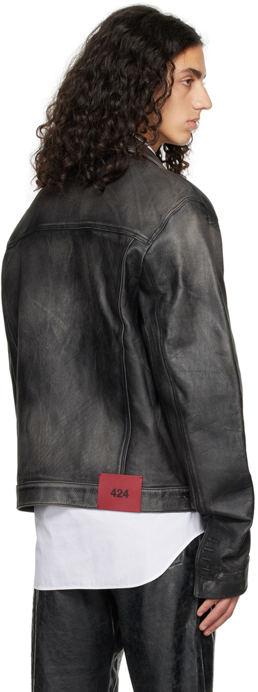 424 Black Trucker Leather Jacket 424