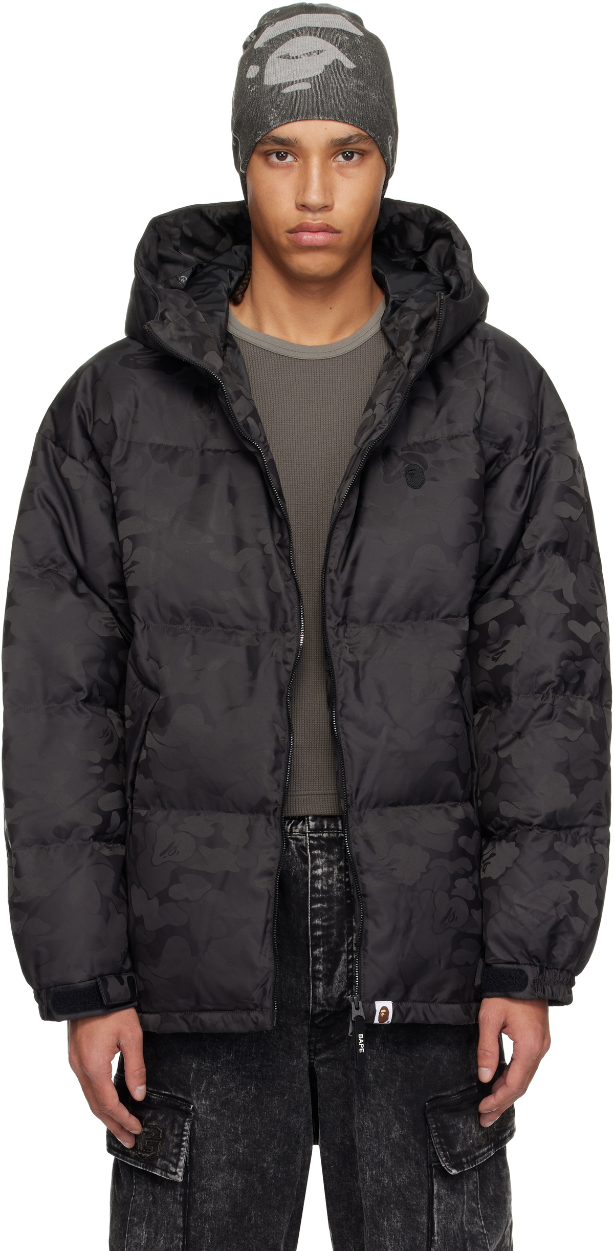 BAPE Black Solid Camo Jacquard Down Jacket A Bathing Ape