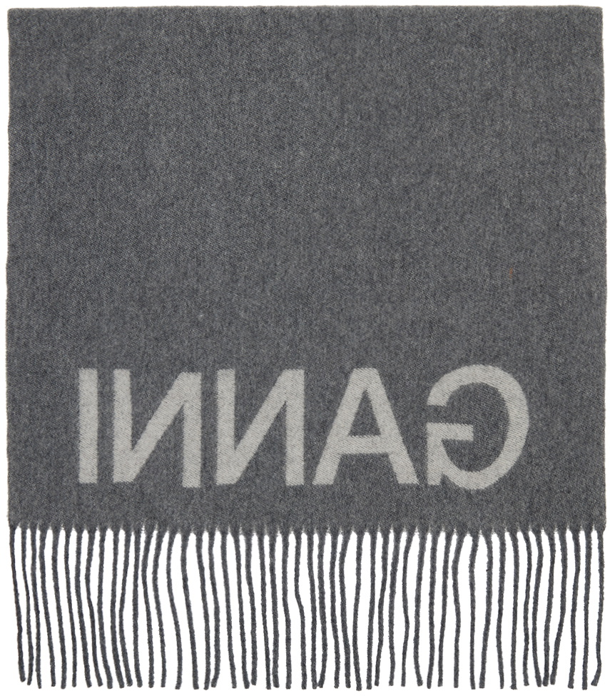GANNI Gray Fringe Logo Scarf GANNI