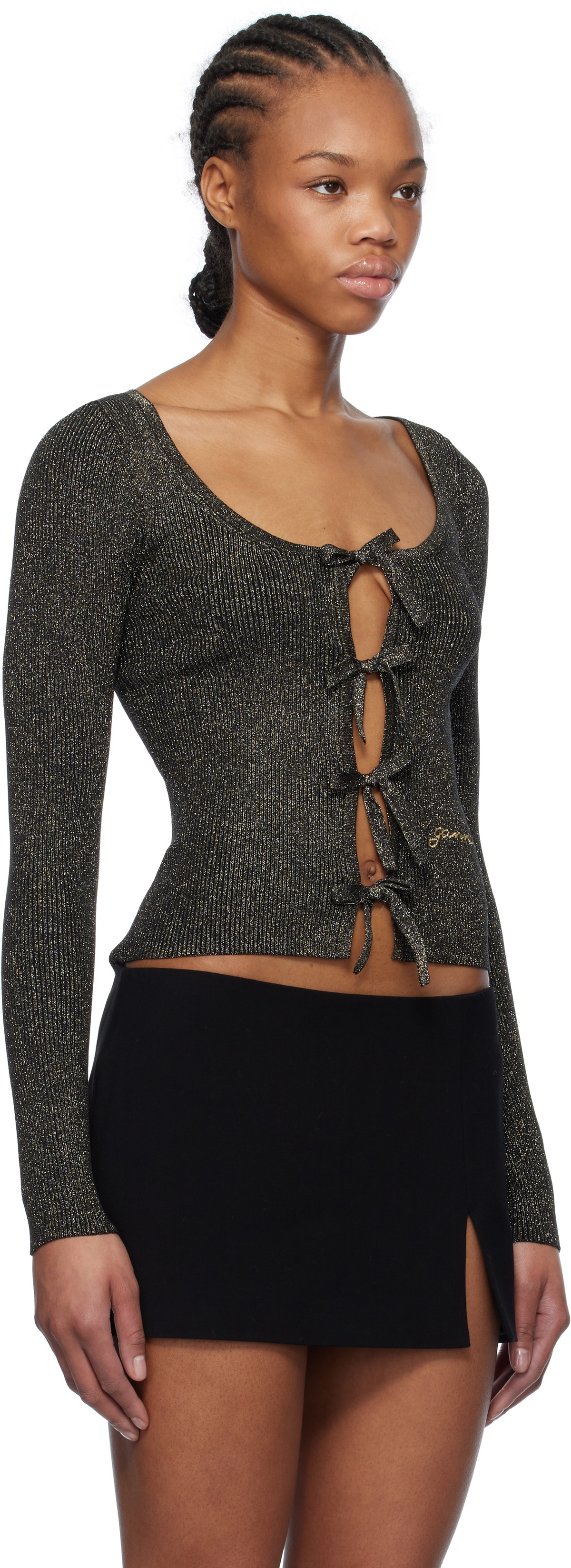 GANNI Black & Gold Sparkle Tie String Cardigan GANNI