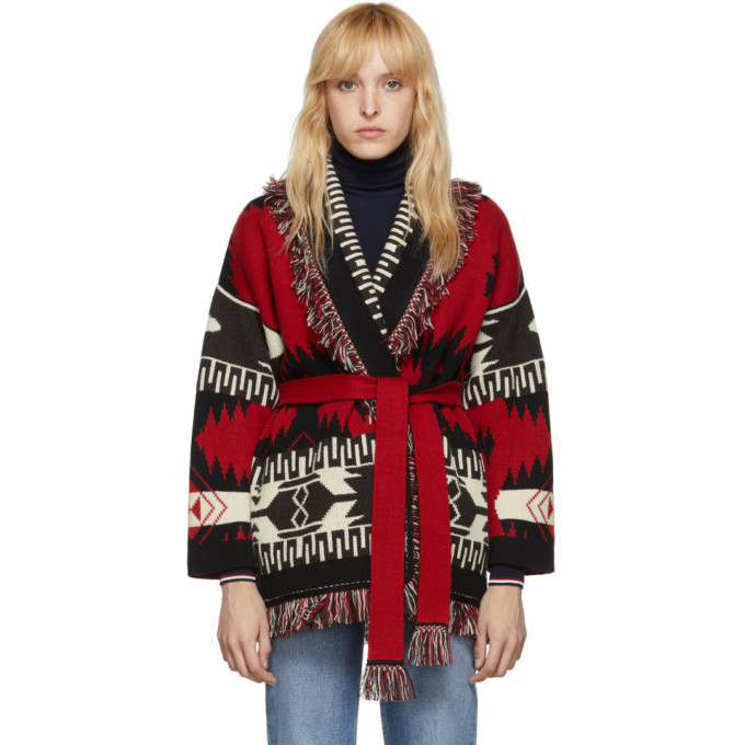 Alanui Red and Black Jacquard Icon Belted Cardigan Alanui