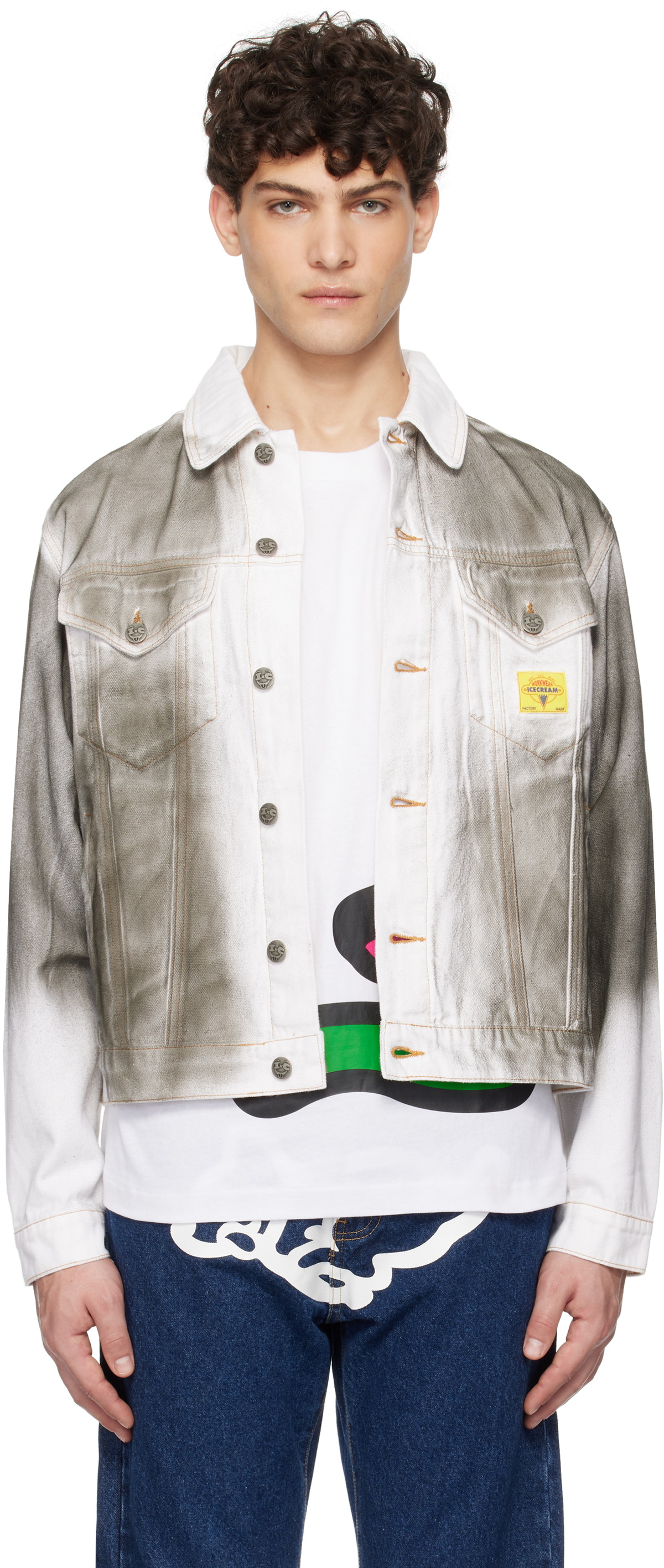 ICECREAM White & Gray Oil Stained Denim Trucker Jacket ICECREAM