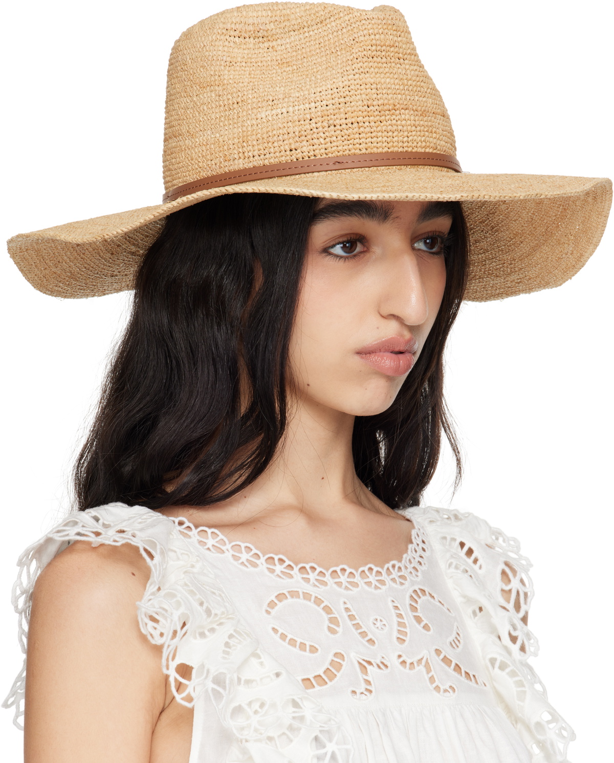rag & bone Beige Leather-Trimmed Wide-Brim Raffia Panama Hat Rag and Bone