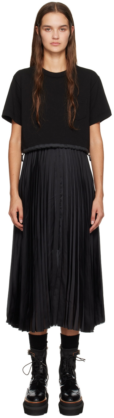 sacai Black Pleated Midi Dress Sacai
