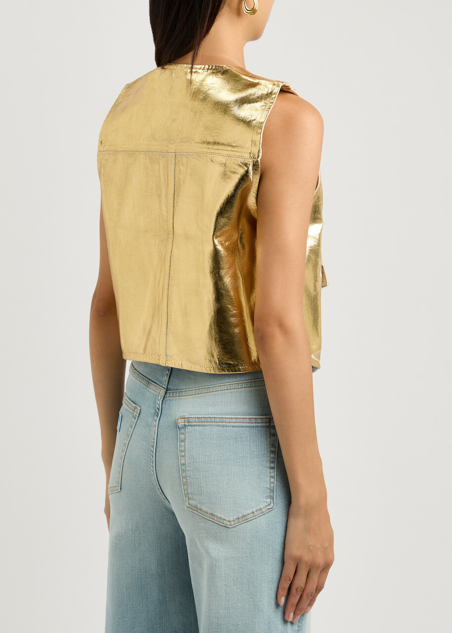 Ganni Metallic Denim Waistcoat Gold GANNI