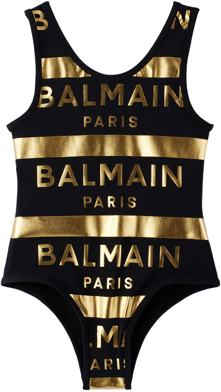Balmain Kids Black Striped One-Piece Swimsuit Balmain