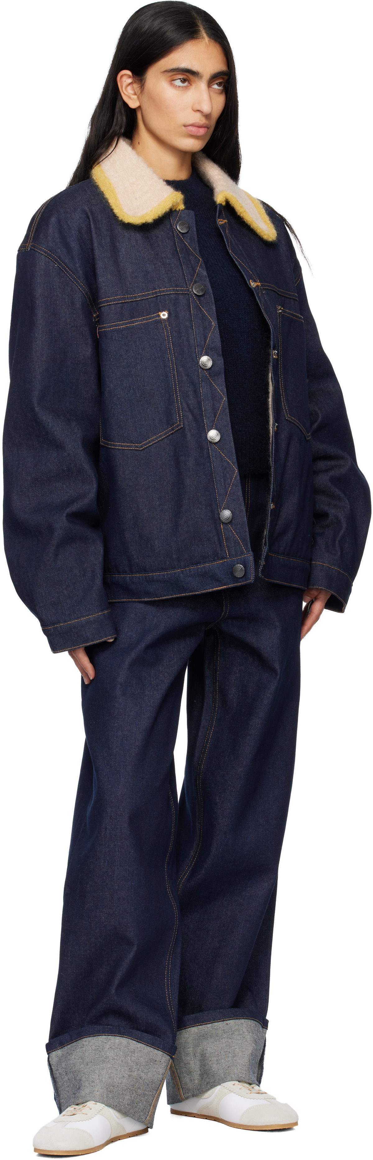 Charles Jeffrey LOVERBOY Navy Knitted Collar Denim Jacket Charles ...