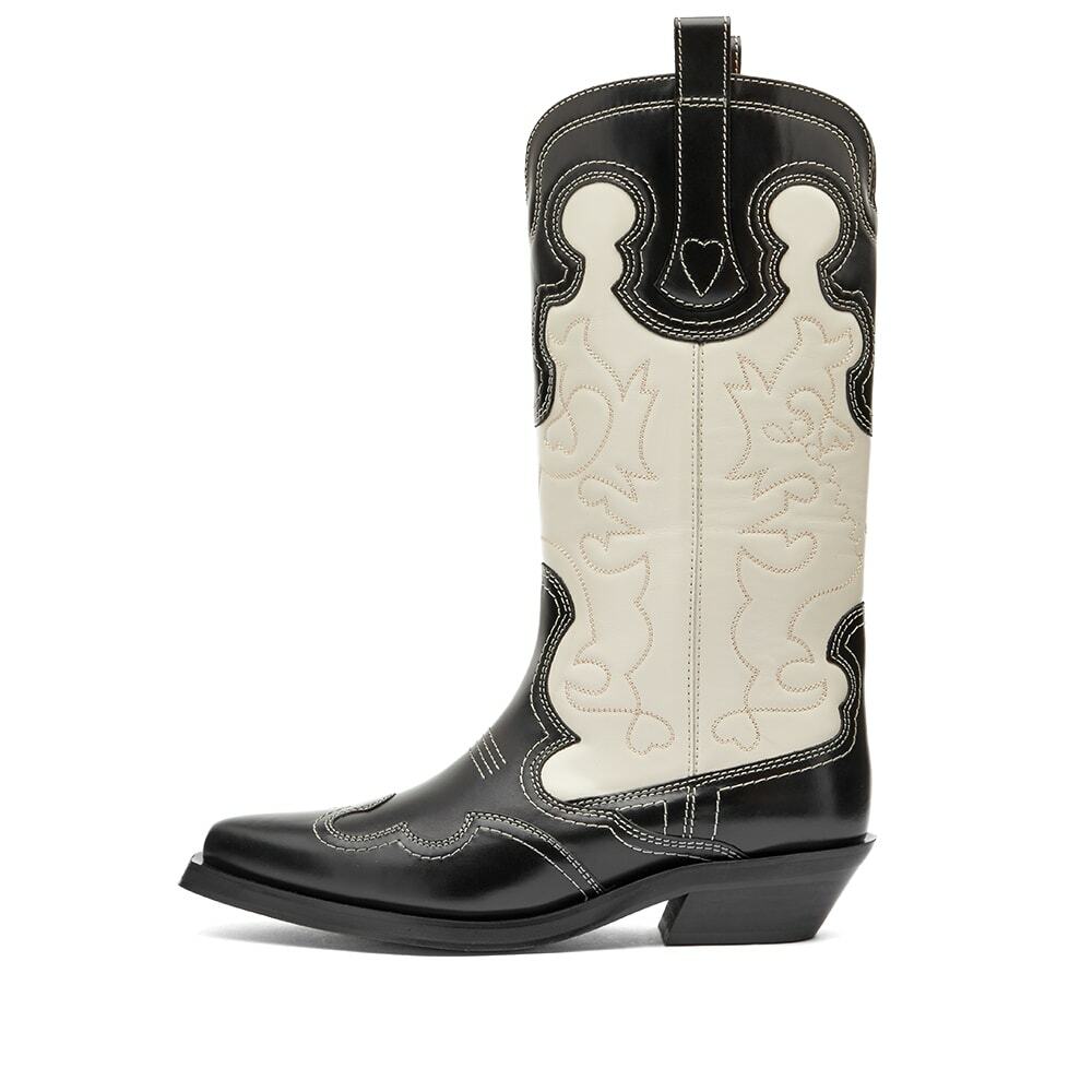 GANNI Women's Mid Shaft Embroidered Western Boot in Black/Egret GANNI