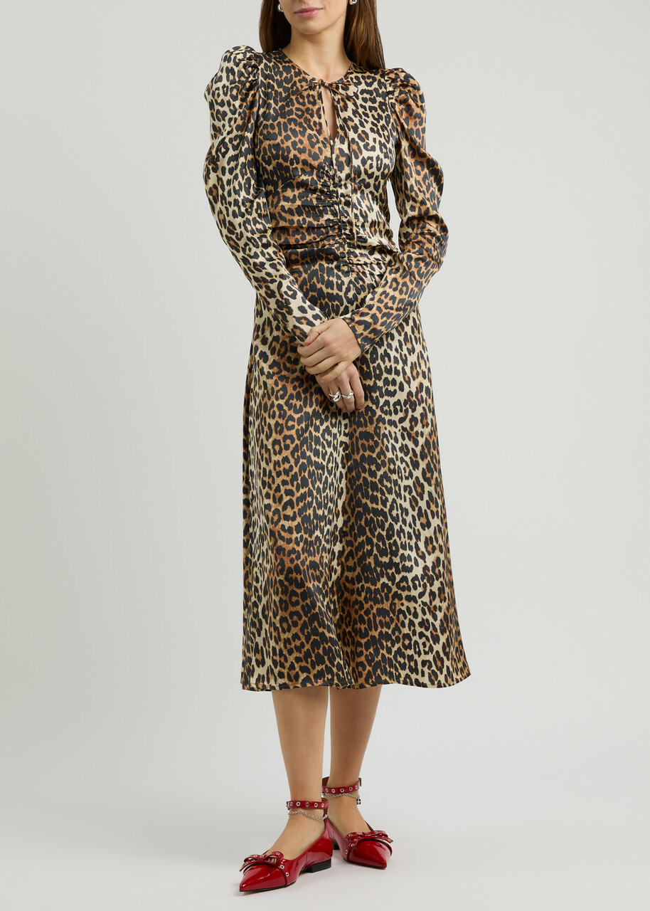 Ganni Leopard-print Satin Midi Dress GANNI