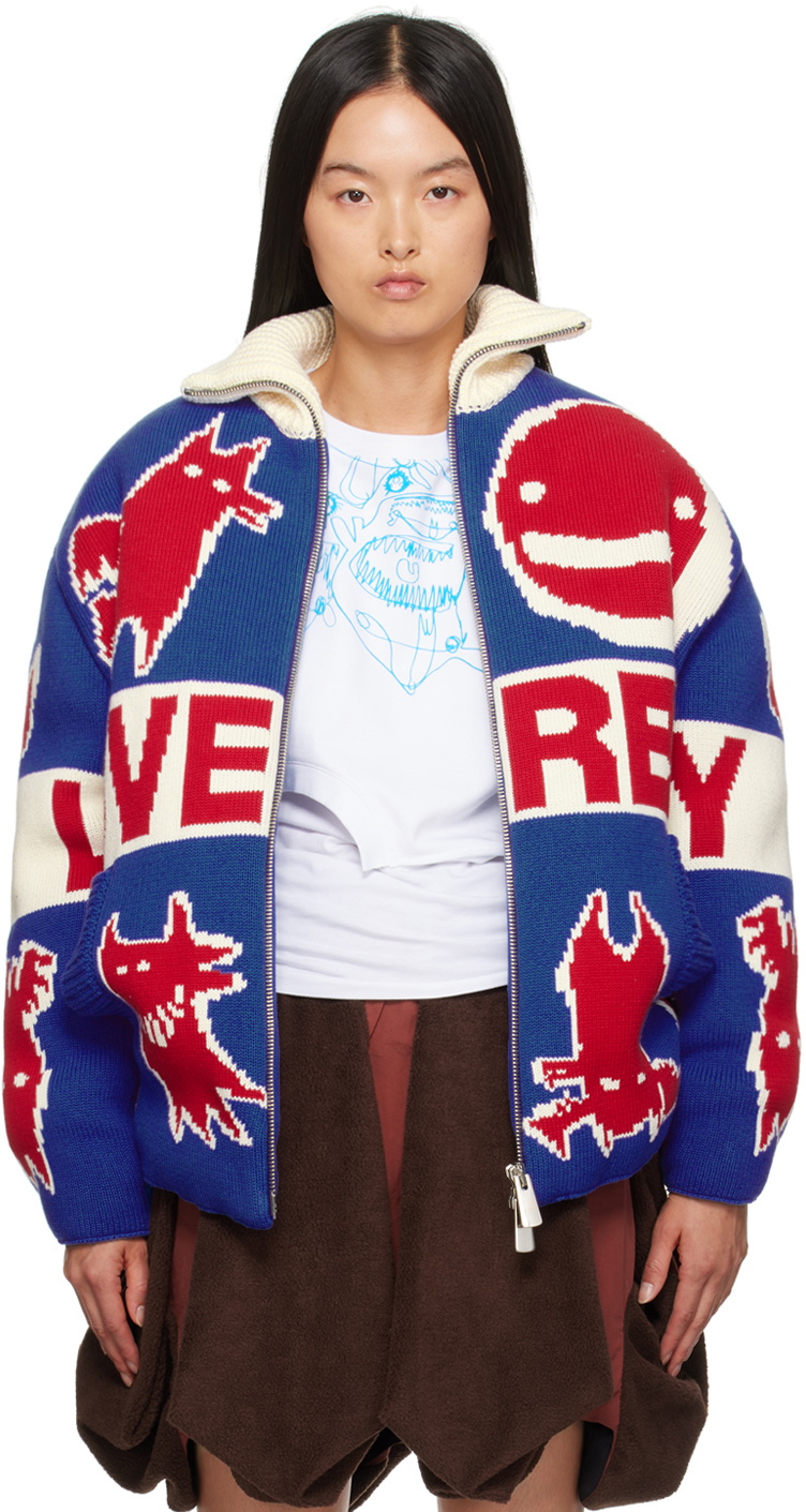 Charles Jeffrey LOVERBOY Blue & Red Knitted Puffer Jacket Charles ...