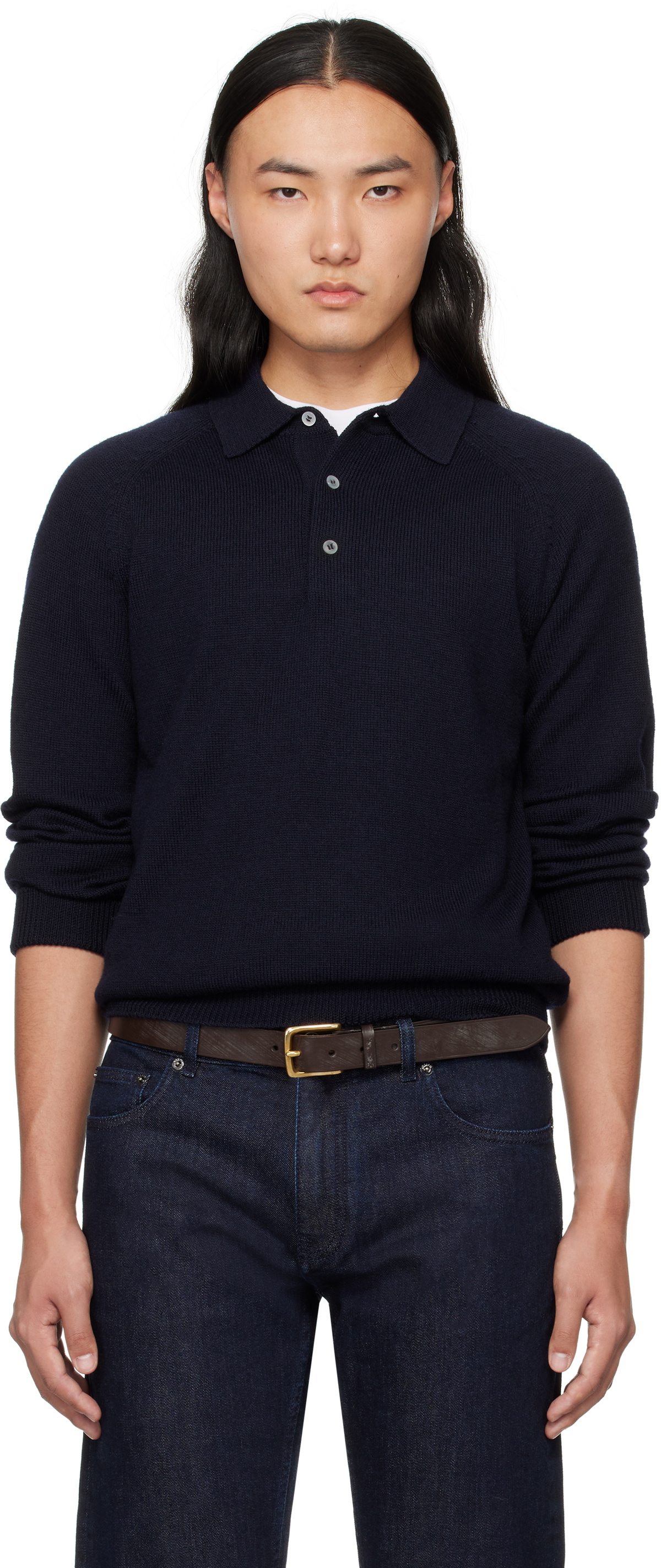 Drake's Navy Merino Wool Knitted Polo Drake's