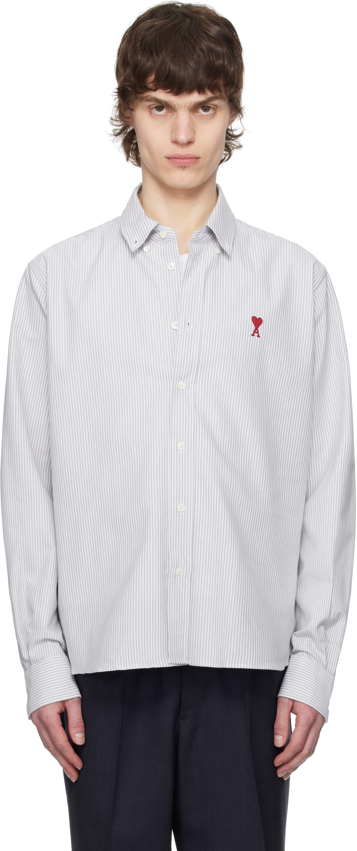 AMI Paris Blue & White Cotton Button-Down Ami de Coeur Shirt AMI