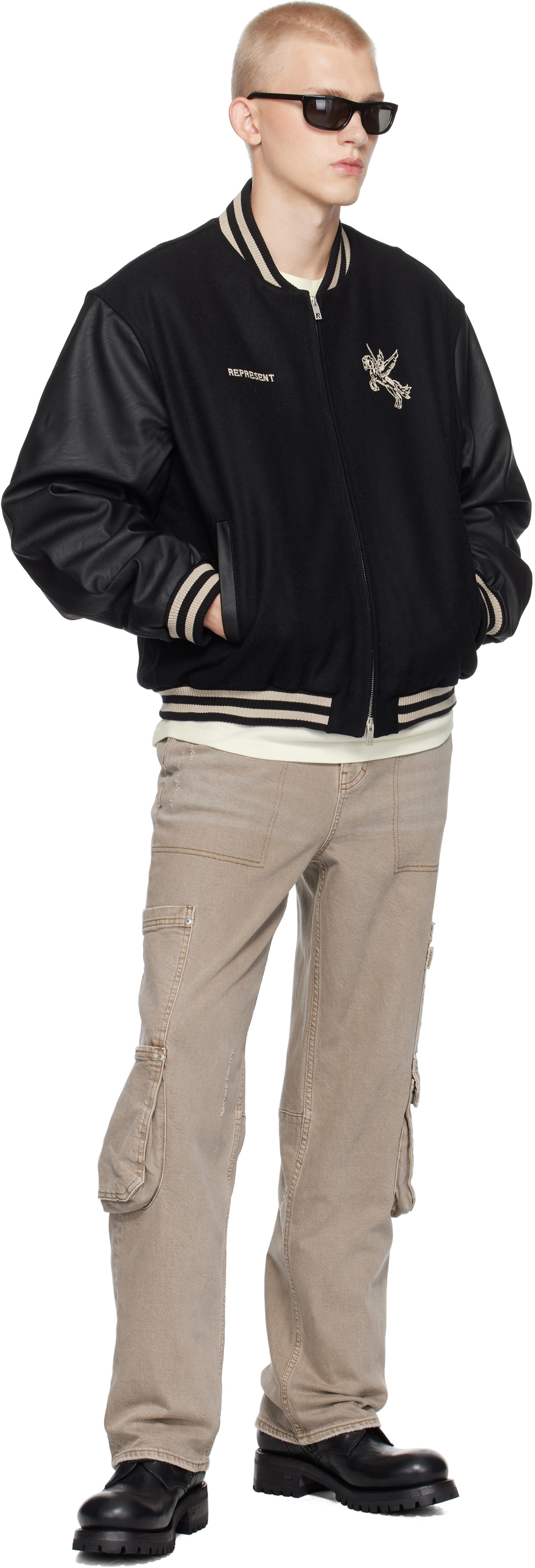 Represent Black Mascot Wool Varsity Bomber Jacket Represent