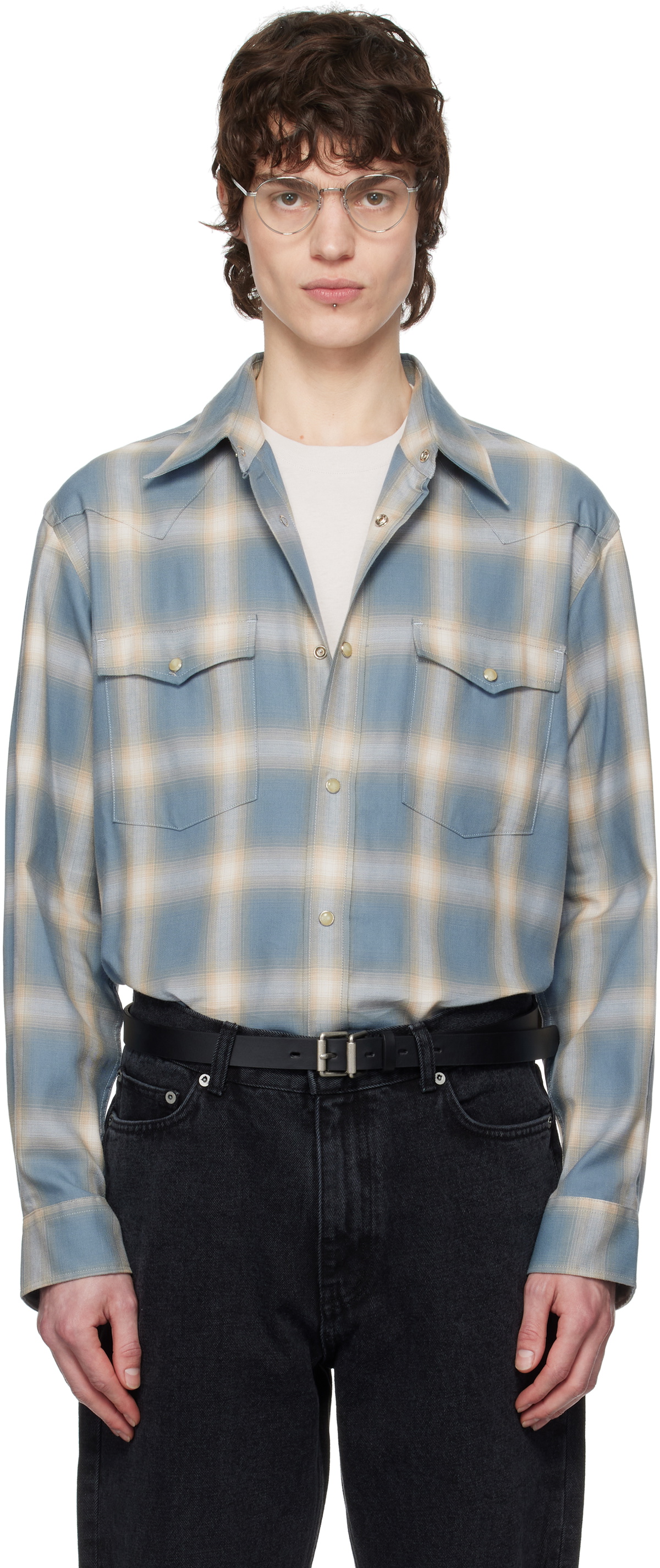 Tonywack Blue Checked Cotton Modal Western Shirt Tonywack