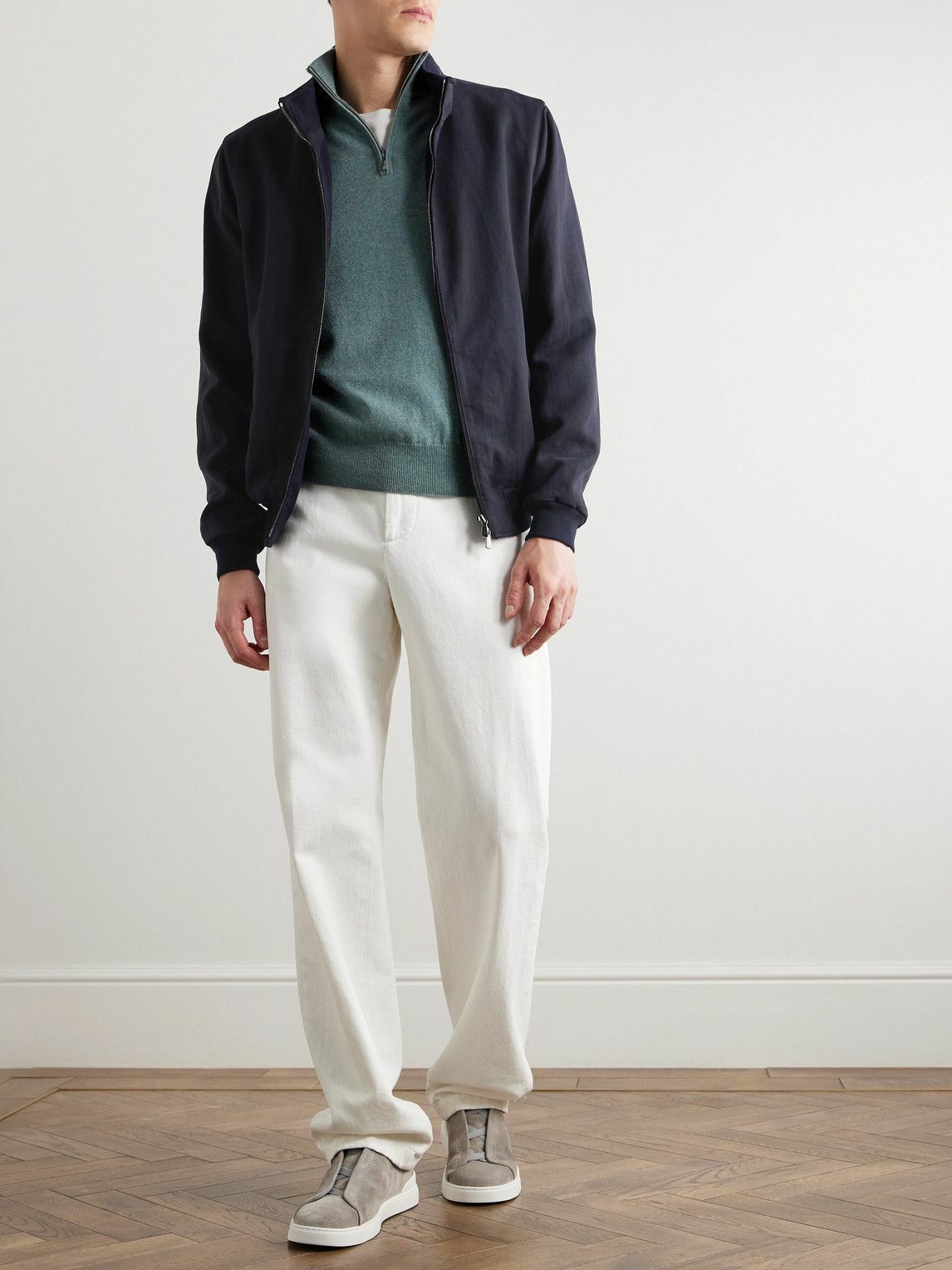 Thom Sweeney - Suede-Trimmed Linen-Twill Bomber Jacket - Blue Thom Sweeney