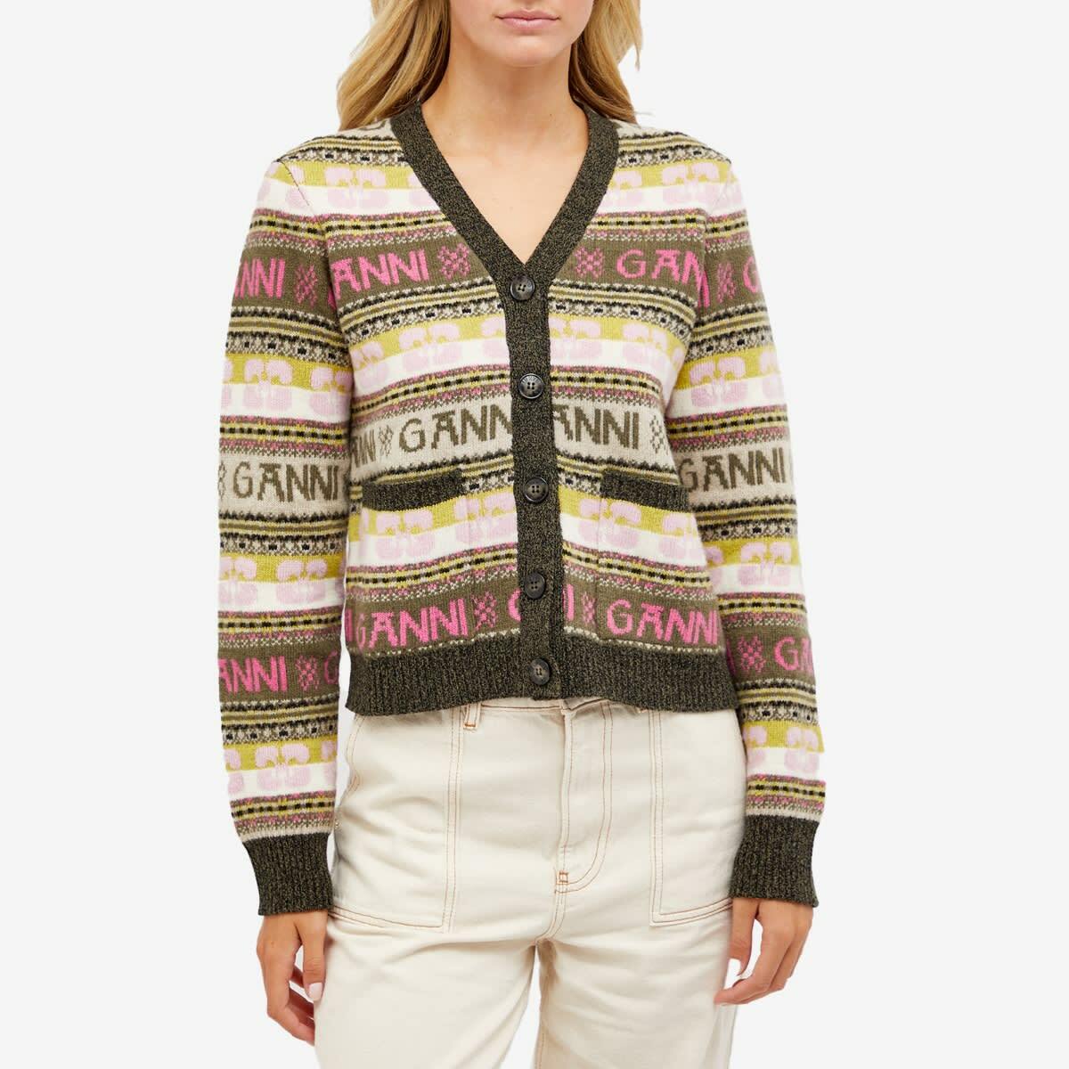 GANNI Women's Logo Wool Mix Cardigan in Kalamata GANNI