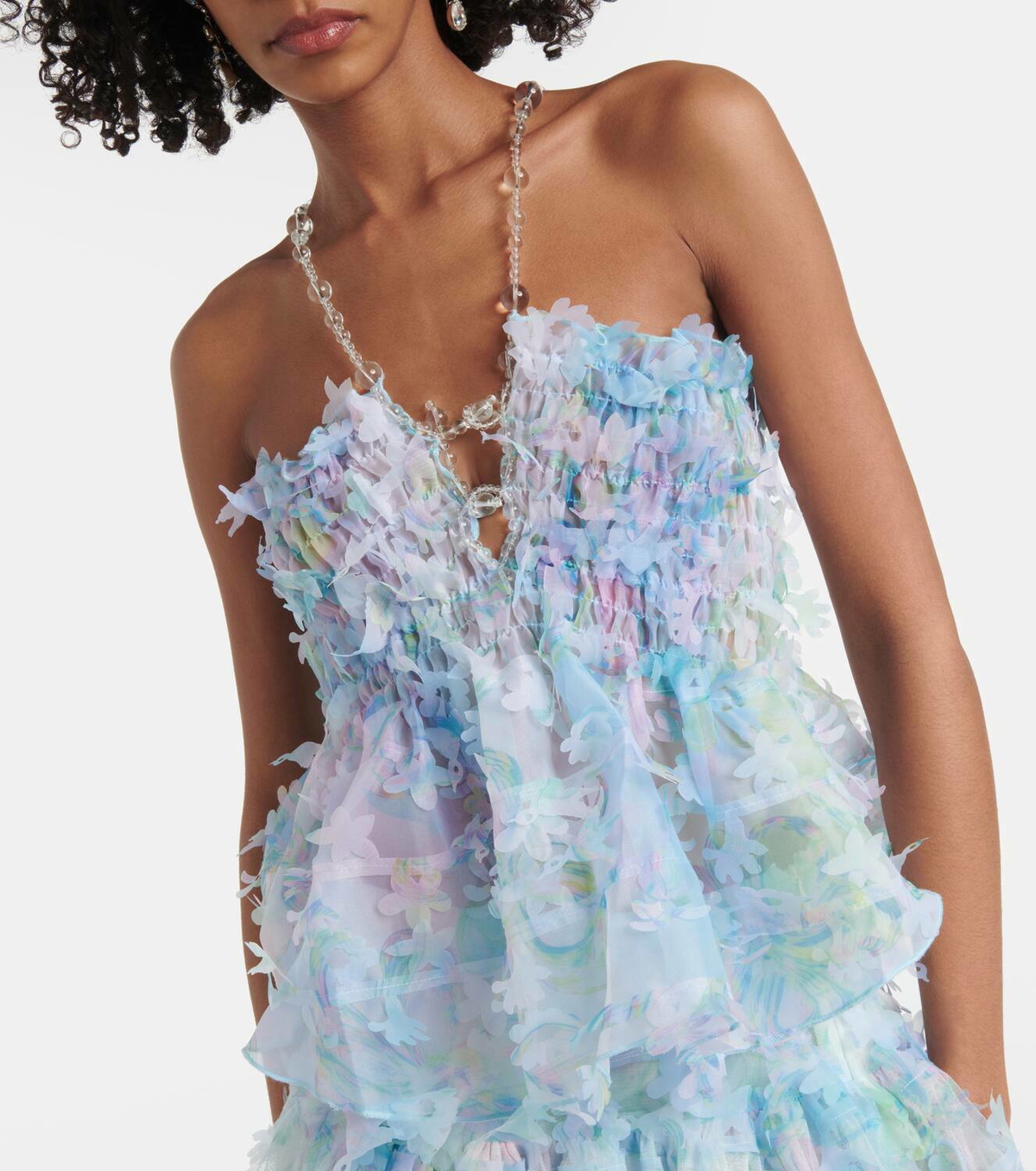 Susan Fang Floral-appliqué smocked tulle top Susan Fang