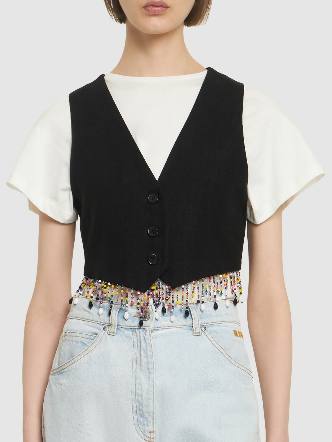 MSGM - Embellished Linen Blend Crop Vest MSGM