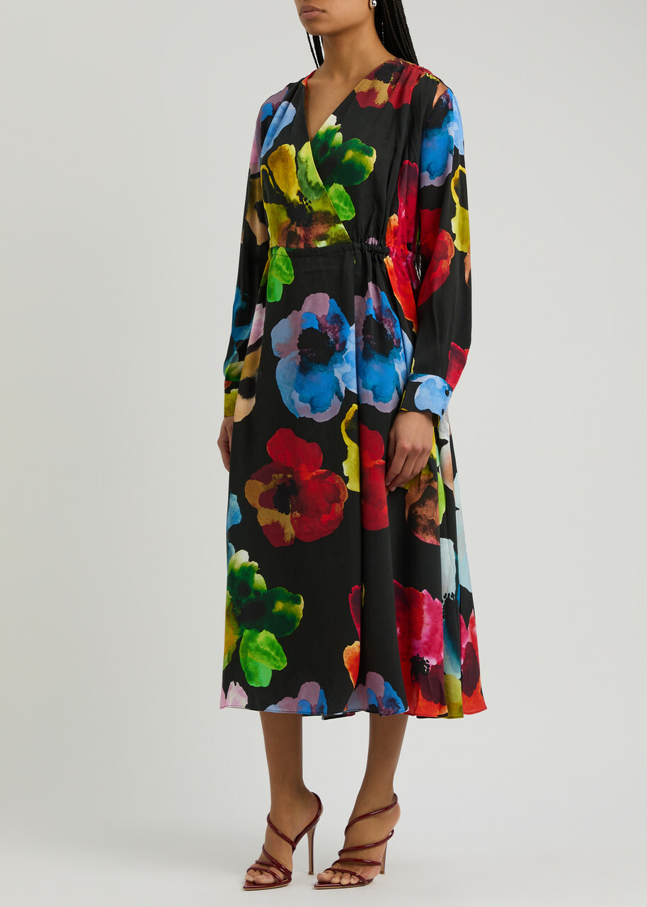 Stine Goya Floral-print Wrap-effect Matte Satin Midi Dress ...