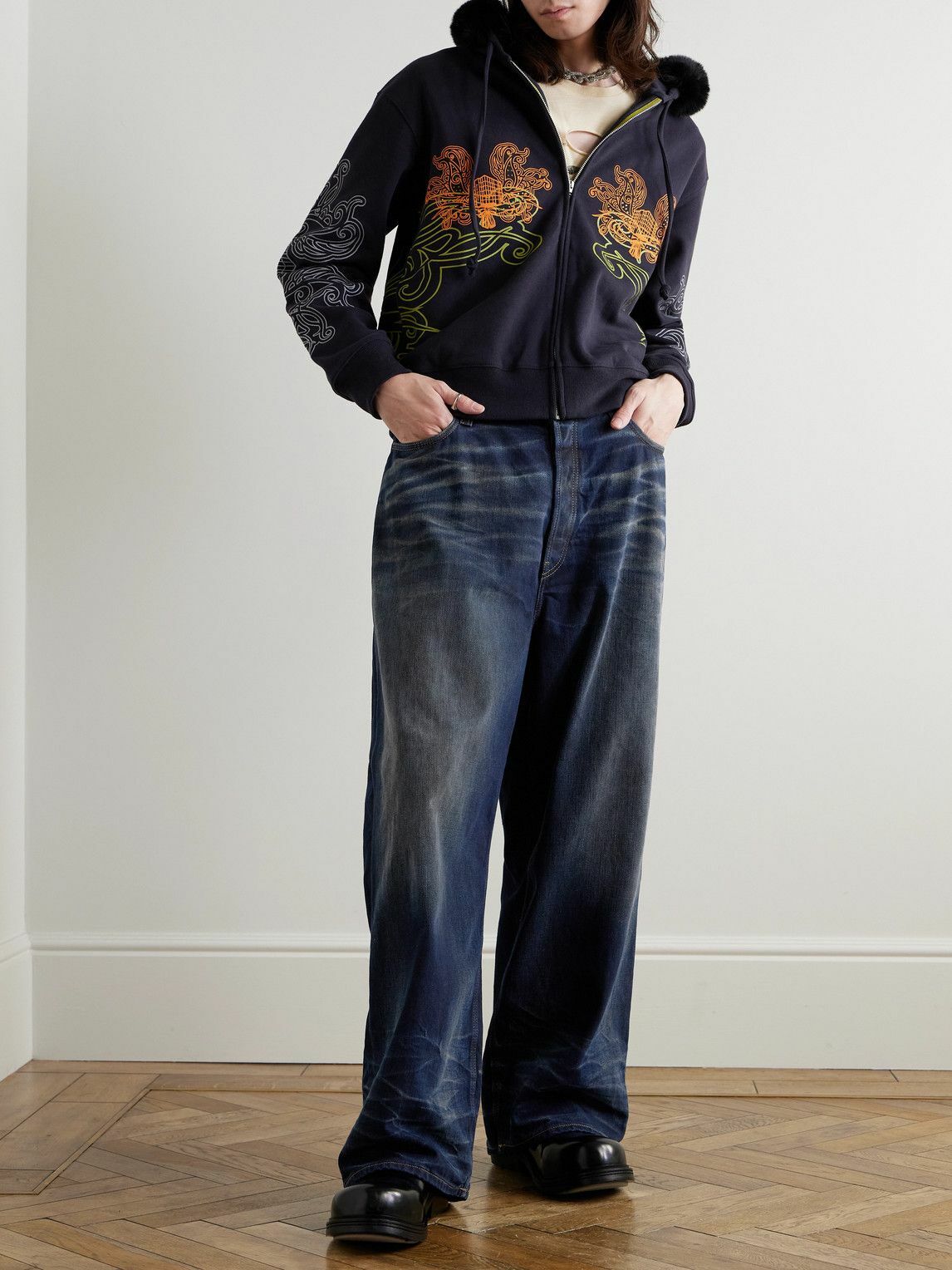 Acne Studios - 2023M Wide-Leg Leather-Trimmed Jeans - Blue Acne Studios - 2023M Wide-Leg Leather-Trimmed Jeans - Blue