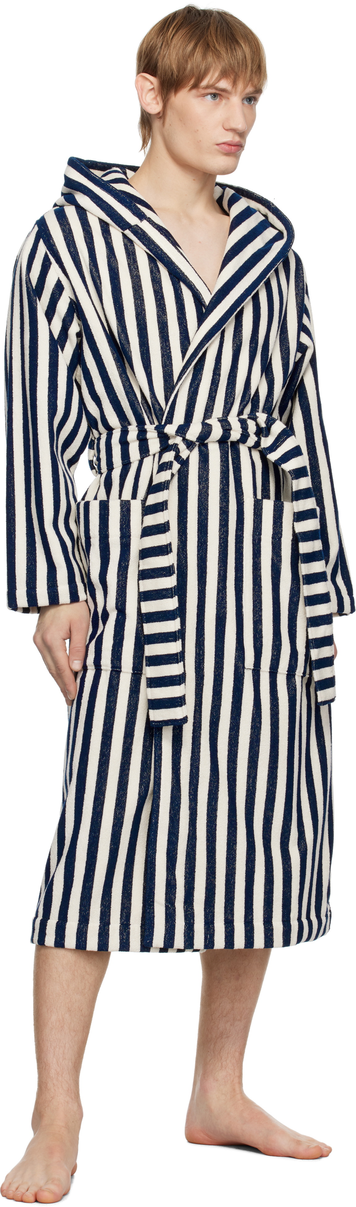 Tekla Navy & White Terry Hooded Bathrobe Tekla Fabrics