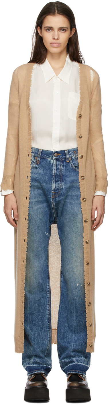 R13 Beige Distressed Cashmere Long Cardigan R13