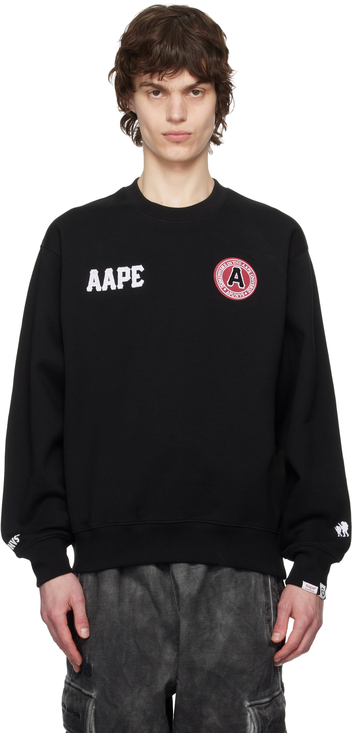 AAPE by A Bathing Ape Black Logo Patch Crewneck Sweatshirt AAPE by A ...