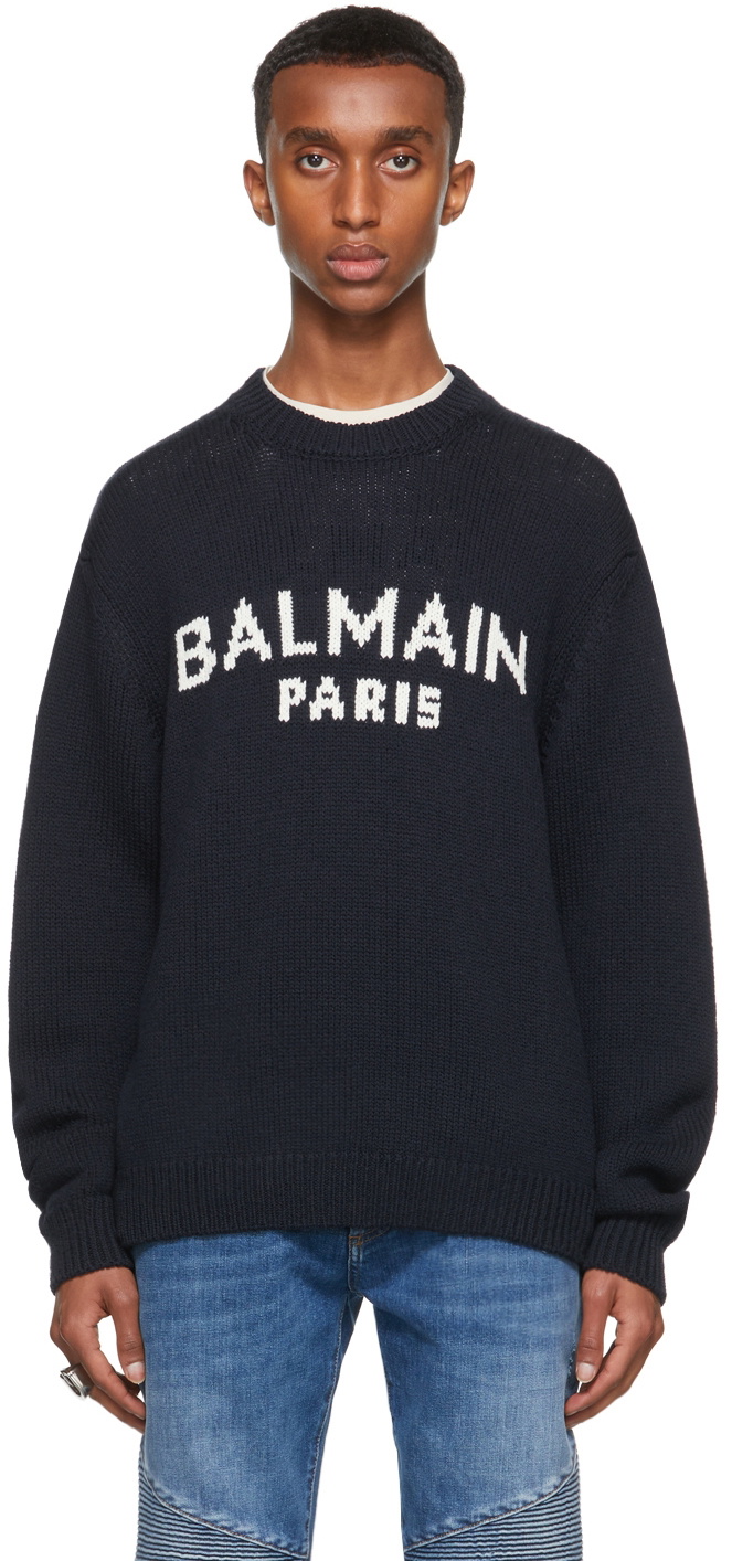 Balmain Navy Merino Intarsia Logo Sweater Balmain