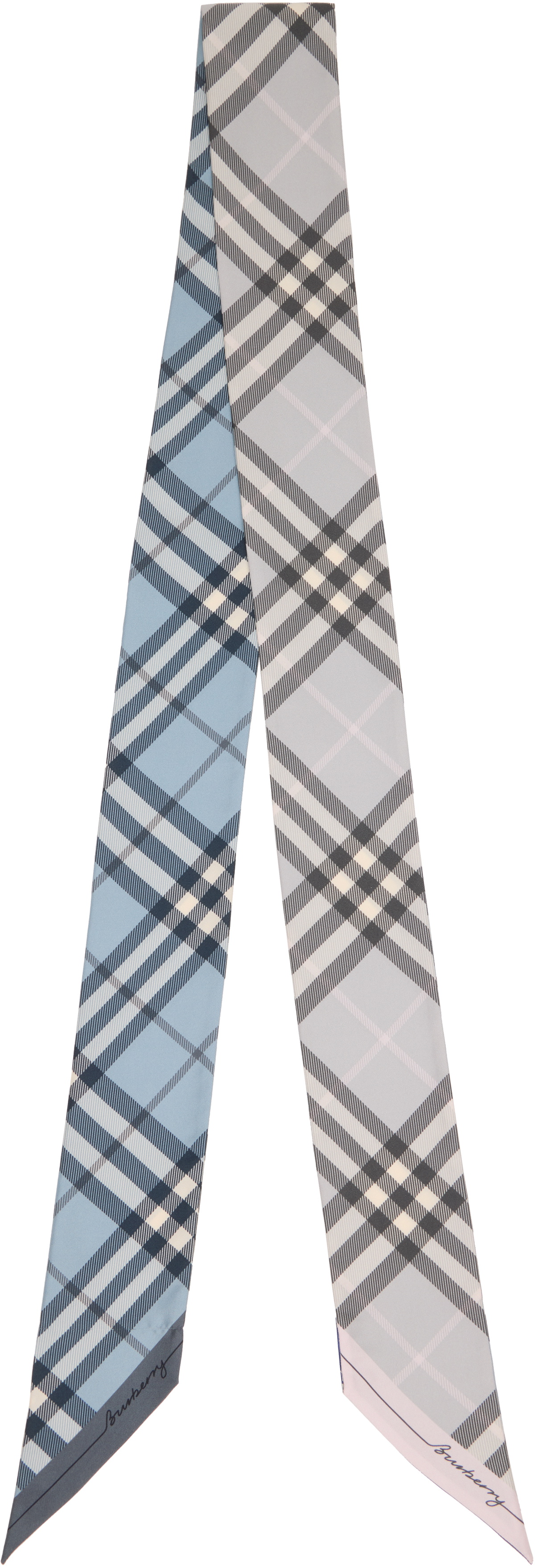 Burberry Blue & Gray Skinny Contrast Check Silk Scarf Burberry