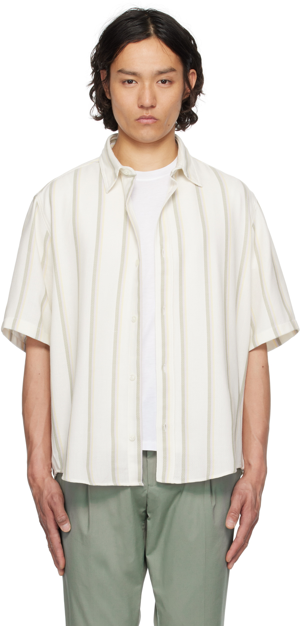 Hugo Off-White Loose-Fit Striped Open-Weave Shirt Hugo Boss