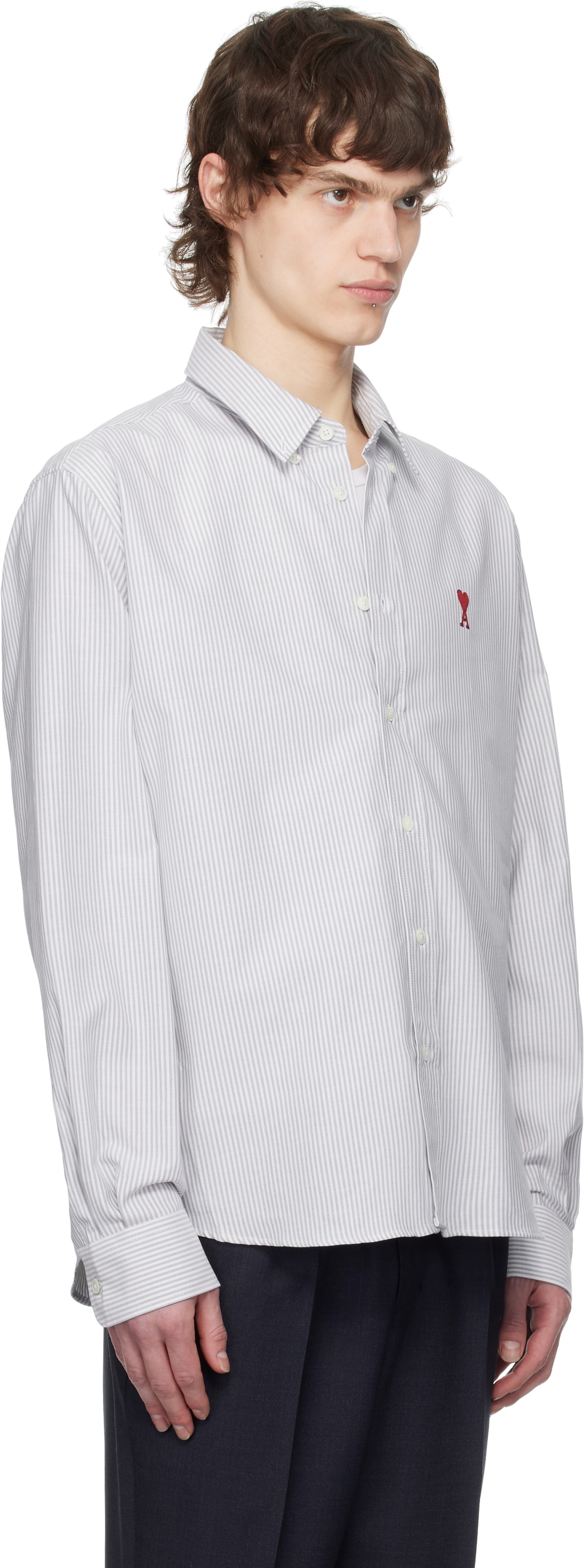 AMI Paris Blue & White Cotton Button-Down Ami de Coeur Shirt AMI