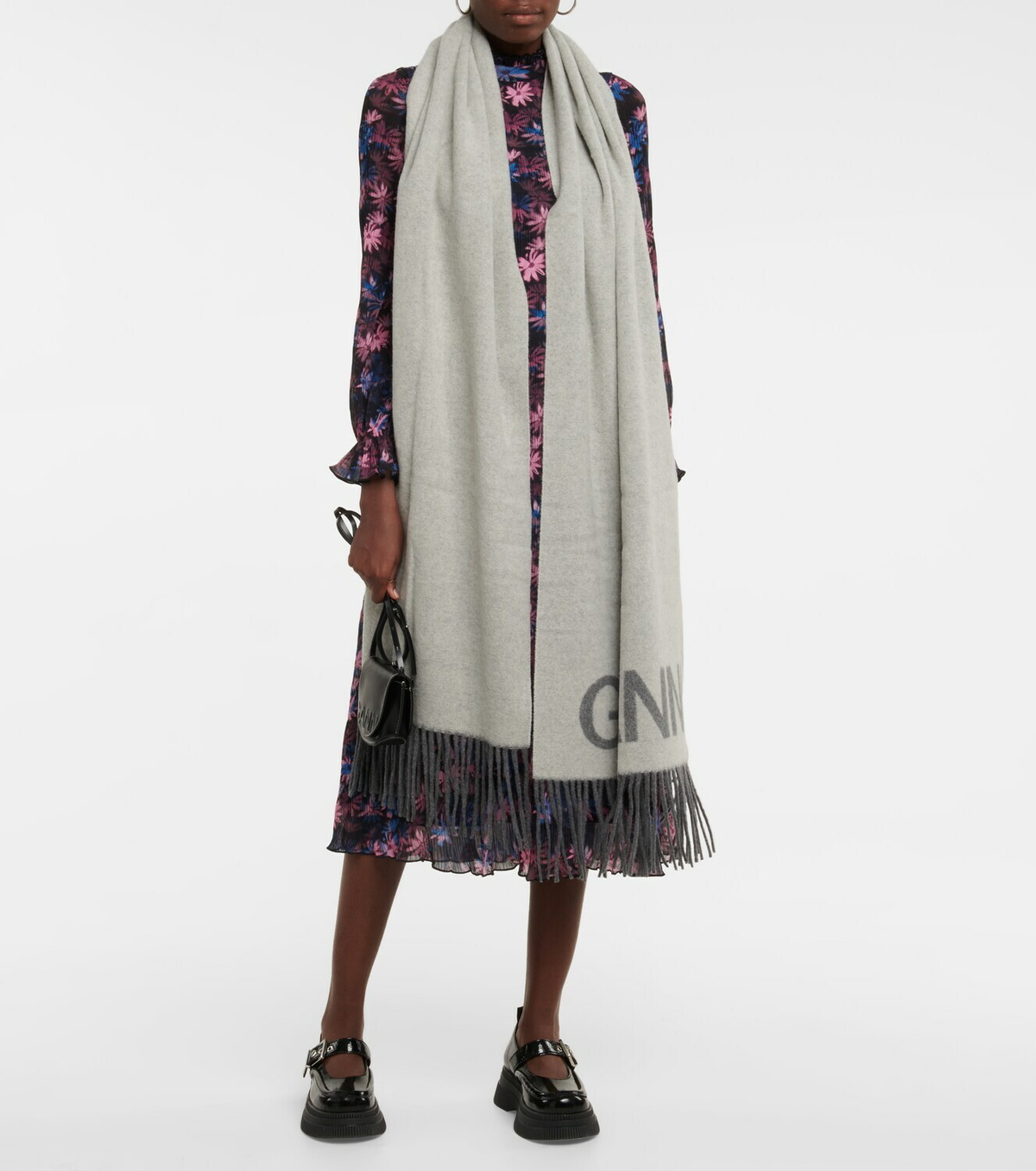 Ganni - Logo fringed wool scarf GANNI