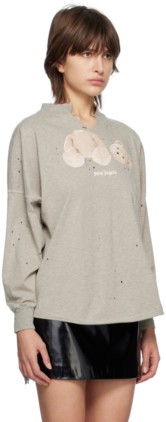 Palm Angels Gray Ripped PA Bear Long Sleeve T-Shirt Palm Angels