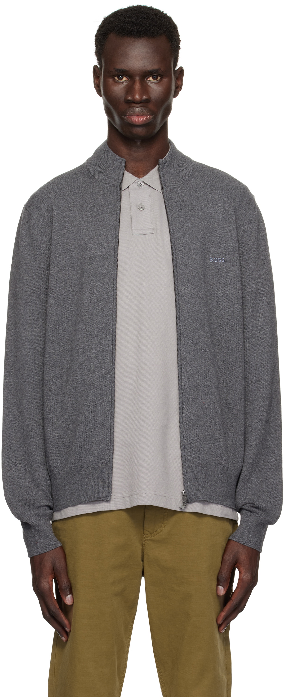 BOSS Gray Zip-Up Embroidered Logo Sweater BOSS